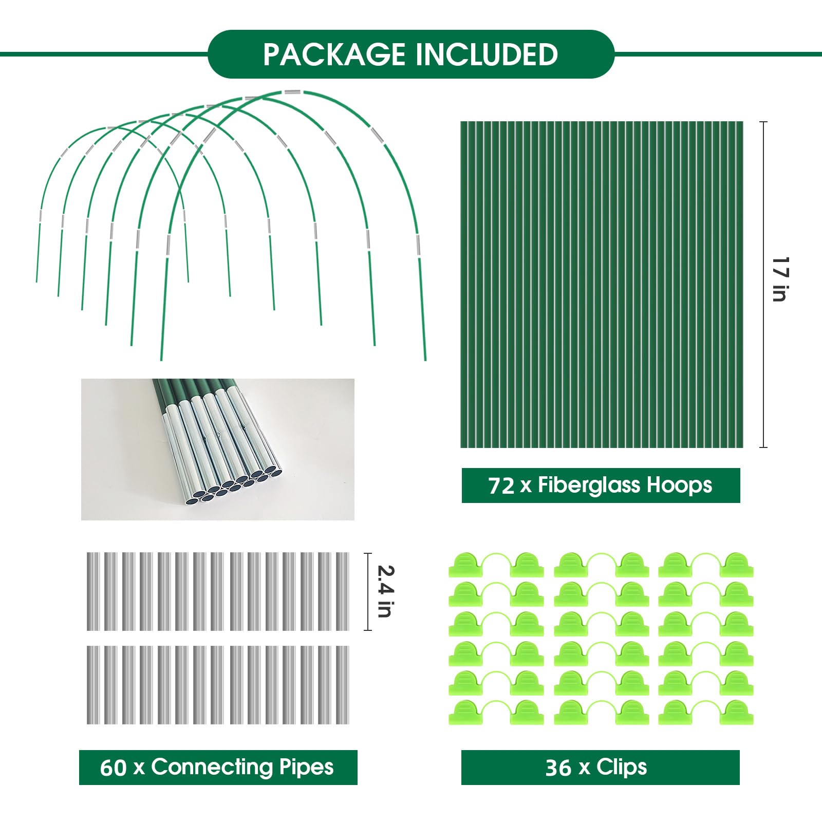 JCKHXG Garden Hoops for Raised Bed, 6 Sets of 8FT Long Greenhouse Hoops Grow Tunnel, Rust-Free Fiberglass Support Hoops Frame for Netting, DIY Plant Support Garden Stakes for Row Cover, 36pcs