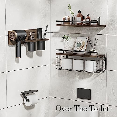 RoleDes Bathroom Floating Shelves with Hair Dryer Holder - Wall Mounted Wood Wall Shelf with Blow Dryer Storage Over The Toilet - Set of 3 Rustic Brown Farmhouse Decor