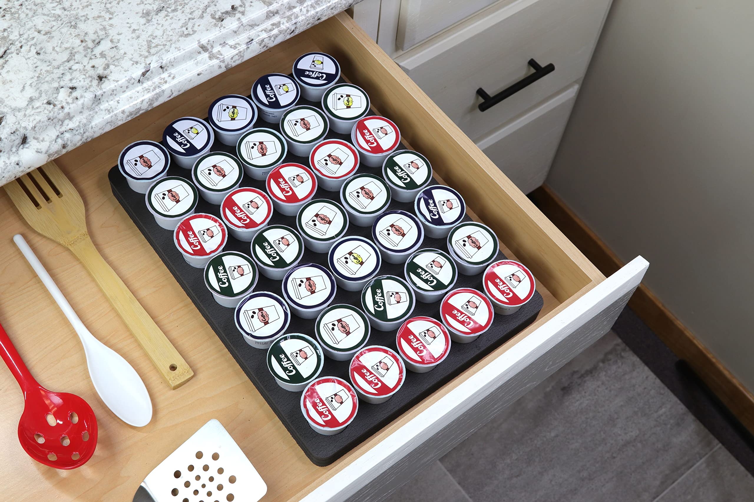 Polar Whale Coffee Pod Storage Organizer Tray Drawer Insert for Kitchen Home Office Waterproof 10.9 x 14.9 Inches Holds 35 Compatible with Keurig K-Cup Durable Dark Gray Foam Made In The USA