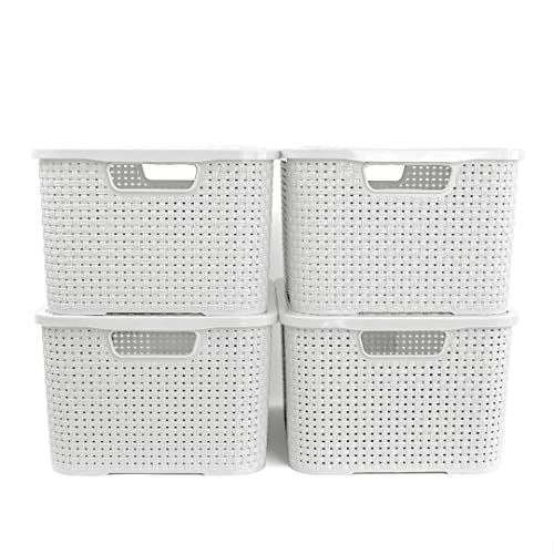 NITRON Plastic Organizer Rattan Box with Lid 16.9Qt-4Pack Large Pantry Organizer Bins Household Organizers for Kitchen, Shelves, Countertops, Desktops, Cabinets, Bedrooms and Bathrooms (Large, White)