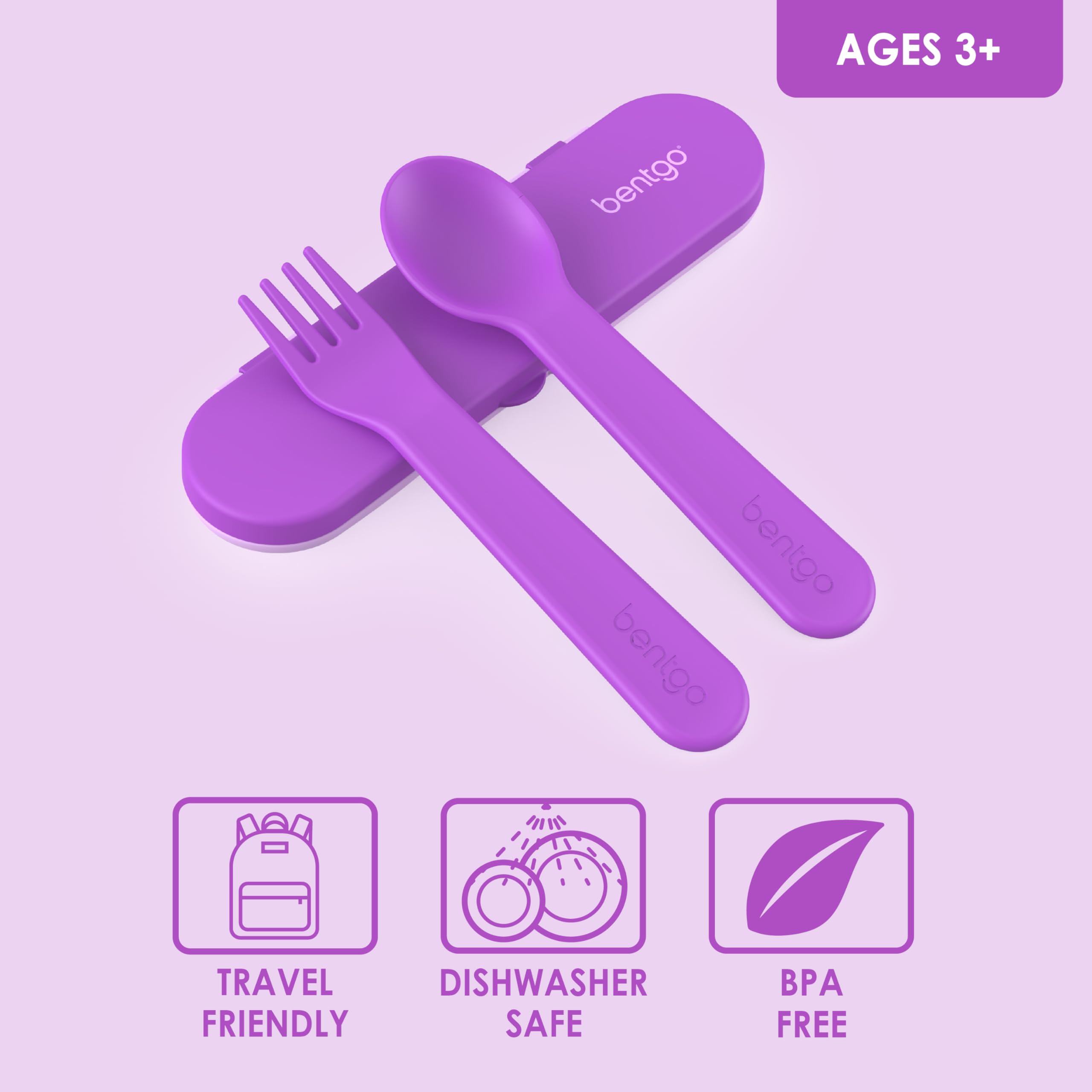 Bentgo® Kids Utensil Set - Reusable Plastic Fork, Spoon & Storage Case - BPA-Free Materials, Easy-Grip Handles, Dishwasher Safe - Ideal for School Lunch, Travel, & Outdoors (Purple)