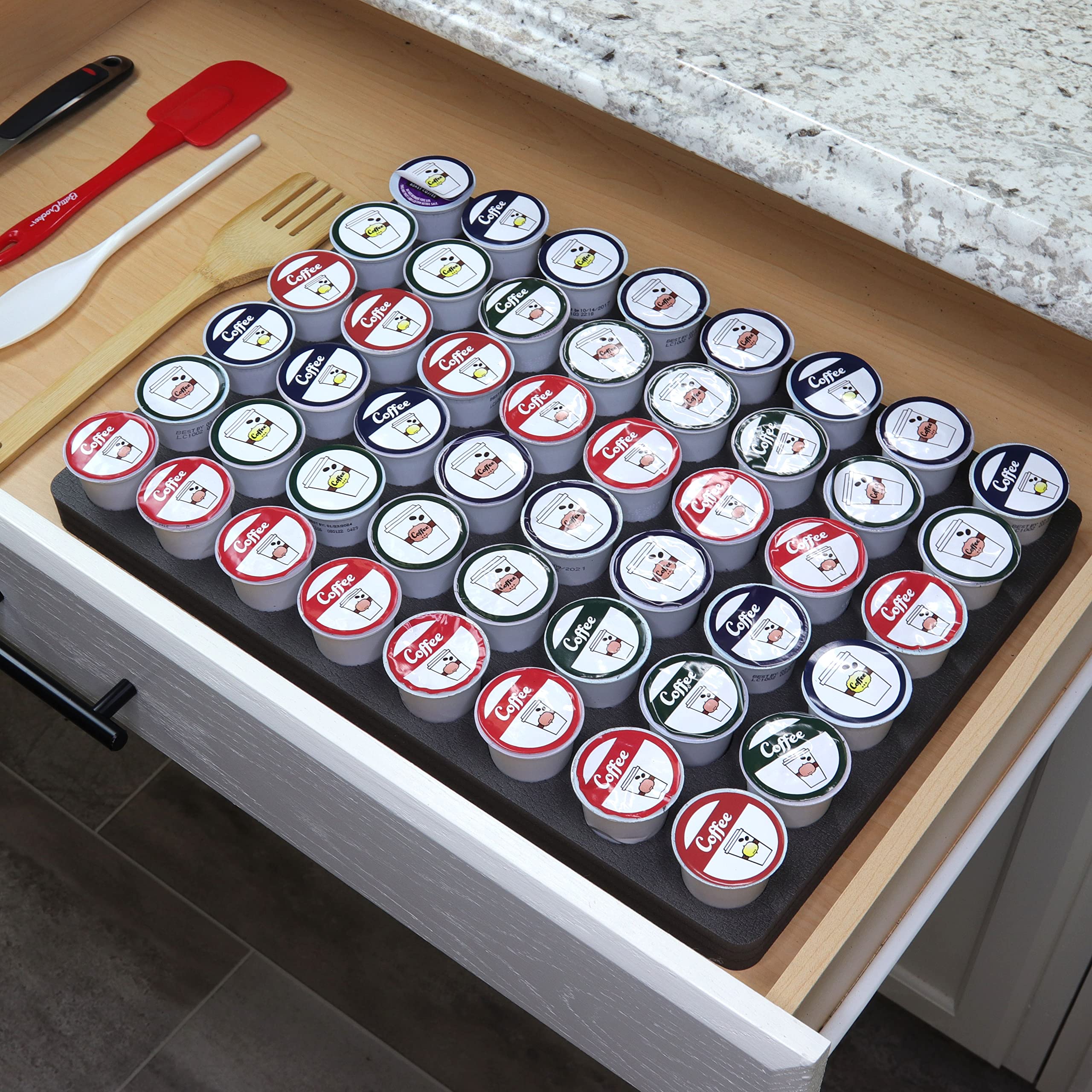 Polar Whale 2 Coffee Pod Storage Organizers Tray Drawer Insert for Kitchen Home Office Waterproof 12.6 x 17.9 Inches Holds 48 Compatible with Keurig K-Cup Durable Dark Gray Foam Made In The USA