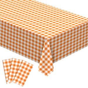 buxiuer orange and white checkered tablecloth plastic fall thanksgiving decoration buffalo check plaid disposable table cloth dining room kitchen decor 54 x108 inch -pack of 3 (orange and white)