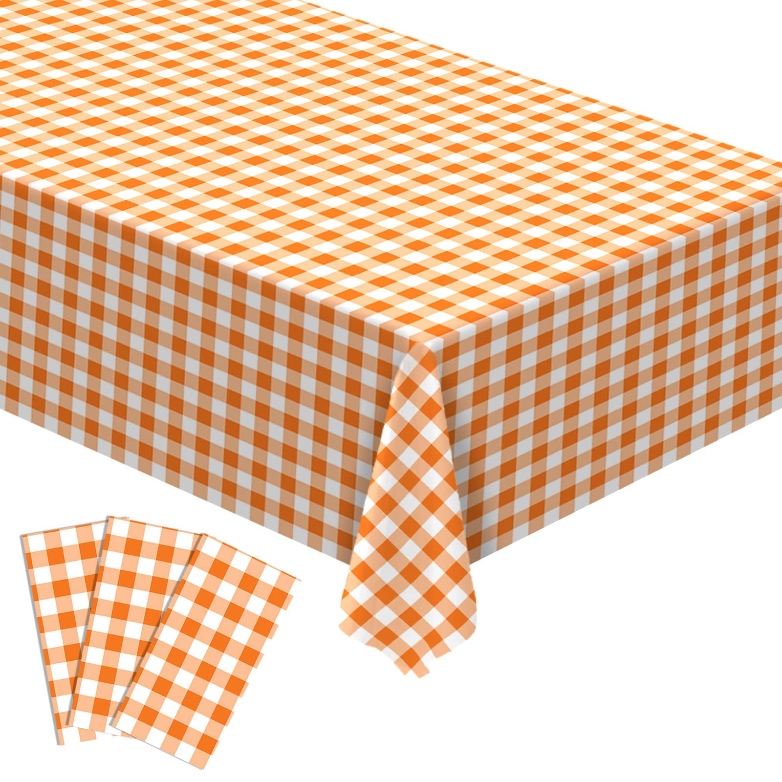 Buxiuer Orange and White Checkered Tablecloth Plastic Fall Thanksgiving Decoration Buffalo Check Plaid Disposable Table Cloth Dining Room Kitchen Decor 54 x108 Inch -Pack of 3 (Orange and White)