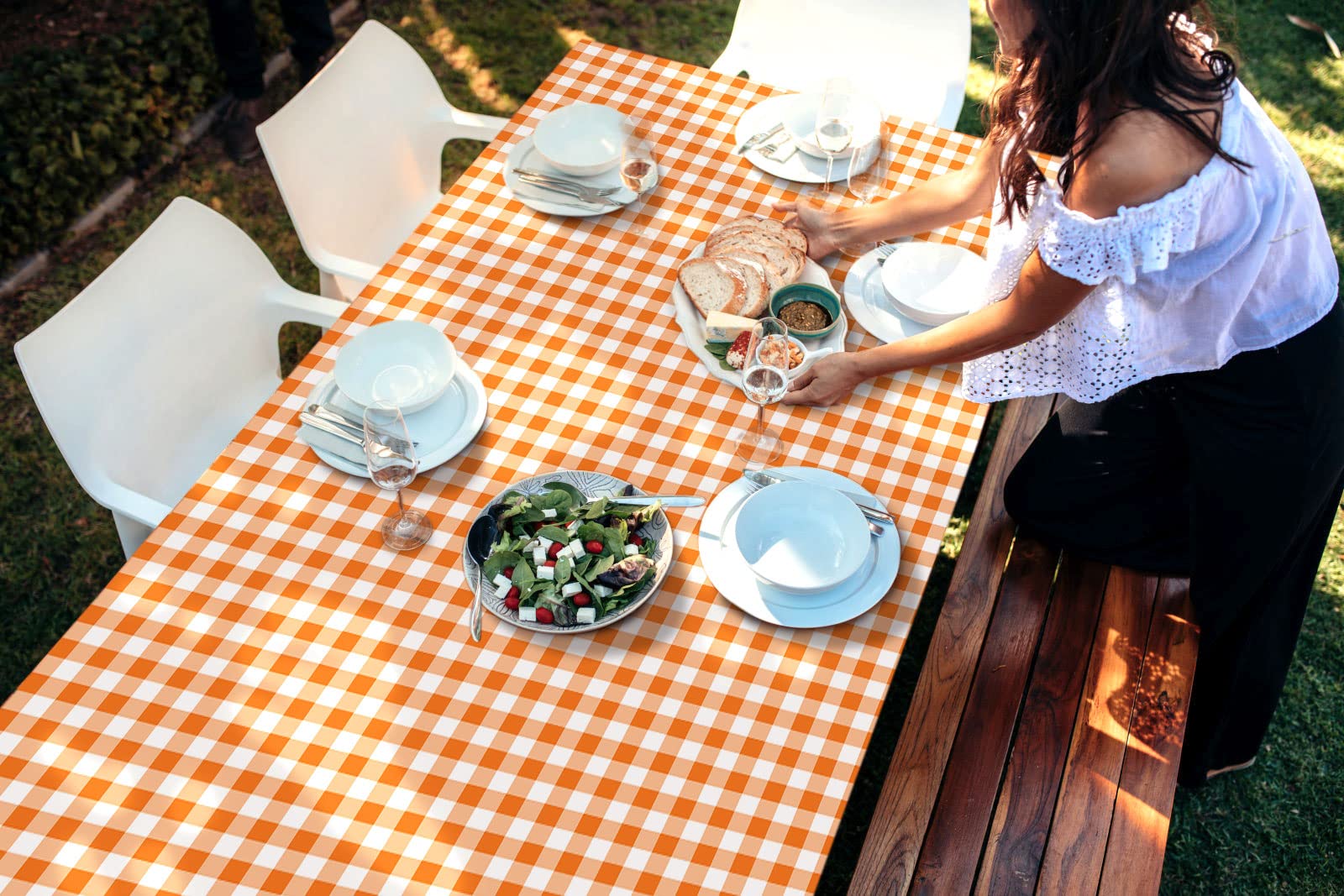 Buxiuer Orange and White Checkered Tablecloth Plastic Fall Thanksgiving Decoration Buffalo Check Plaid Disposable Table Cloth Dining Room Kitchen Decor 54 x108 Inch -Pack of 3 (Orange and White)