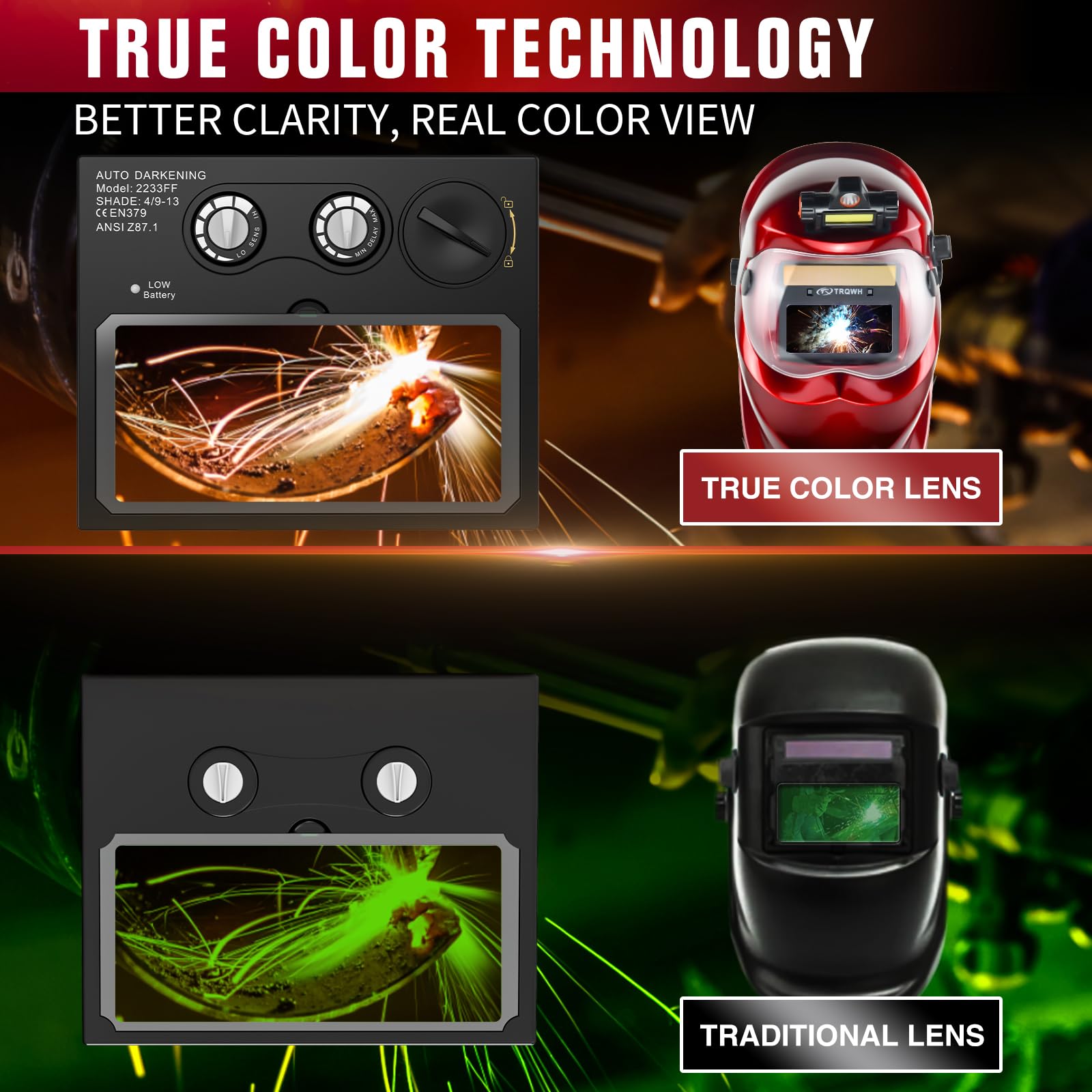 TRQWH Auto Darkening Welding Helmet with Light Solar Powered True Color Welding Hood 2 Arc Sensor Wide Shade 9-13 Welding Mask with Extra Grinding Mode Weld Helmet (KTS-KP03)