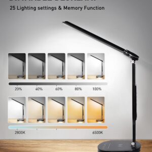 LED Desk Lamps for Home Office, Double Head Table Lamp with Wireless Charger, USB Charging Port, Clock, Alarm, Date, Temperature, Bedside Nightstand Light with Night Light for Bedroom Reading 14W