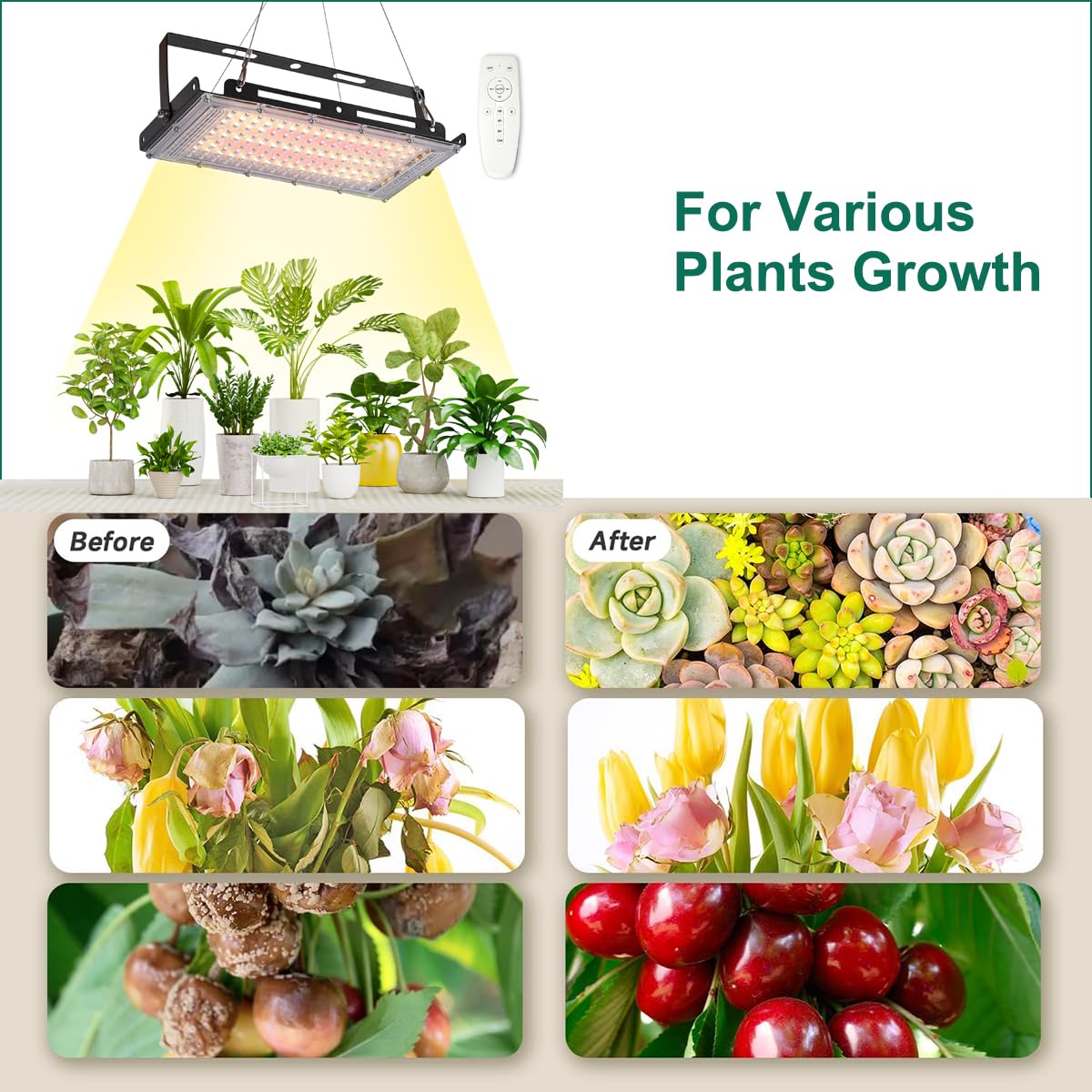 FANHAO LED Grow Lights, 400W Full Spectrum Grow Lamp with Remote Control Plant Lights for Indoor Plants, 4/8/12H Timer, 4 Dimmable Levels, 3 Switch Modes for Indoor Plants Veg Bloom