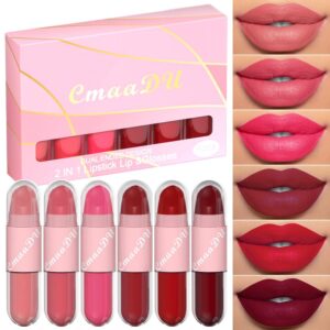 evpct 2 In 1 Matte Lipstick & Liquid Lipstick 6Pcs Set for Women, Dark Ruby Red Nude Beige Hot Pink Mauve Matte Vegan Long Wear Pink Lipstick Waterproof Long Lasting 24 Hour Lipstick Lip Gloss Stain