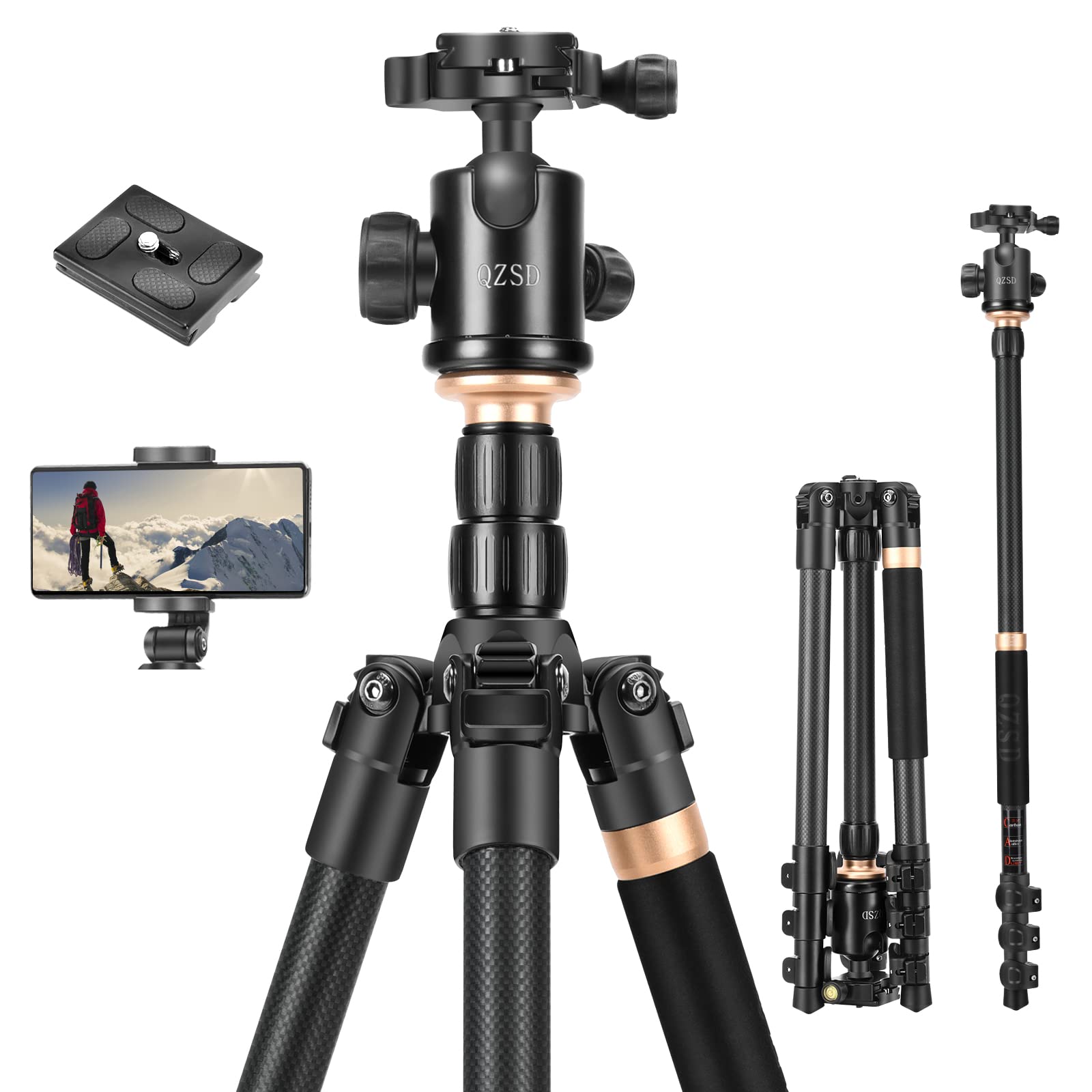 Carbon Fiber Lightweight Camera Tripod,Combination 66" Camera Tripod Stand,68" Monopod,with 360° Ball Head,2 QR Plates and Phone Holder,Heavy Duty for Cell Phone DSLR Canon Nikon, Max Load 26lbs