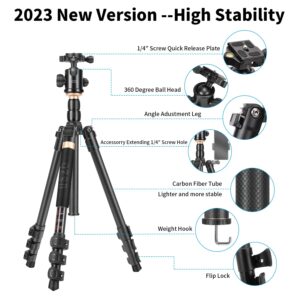 Carbon Fiber Lightweight Camera Tripod,Combination 66" Camera Tripod Stand,68" Monopod,with 360° Ball Head,2 QR Plates and Phone Holder,Heavy Duty for Cell Phone DSLR Canon Nikon, Max Load 26lbs