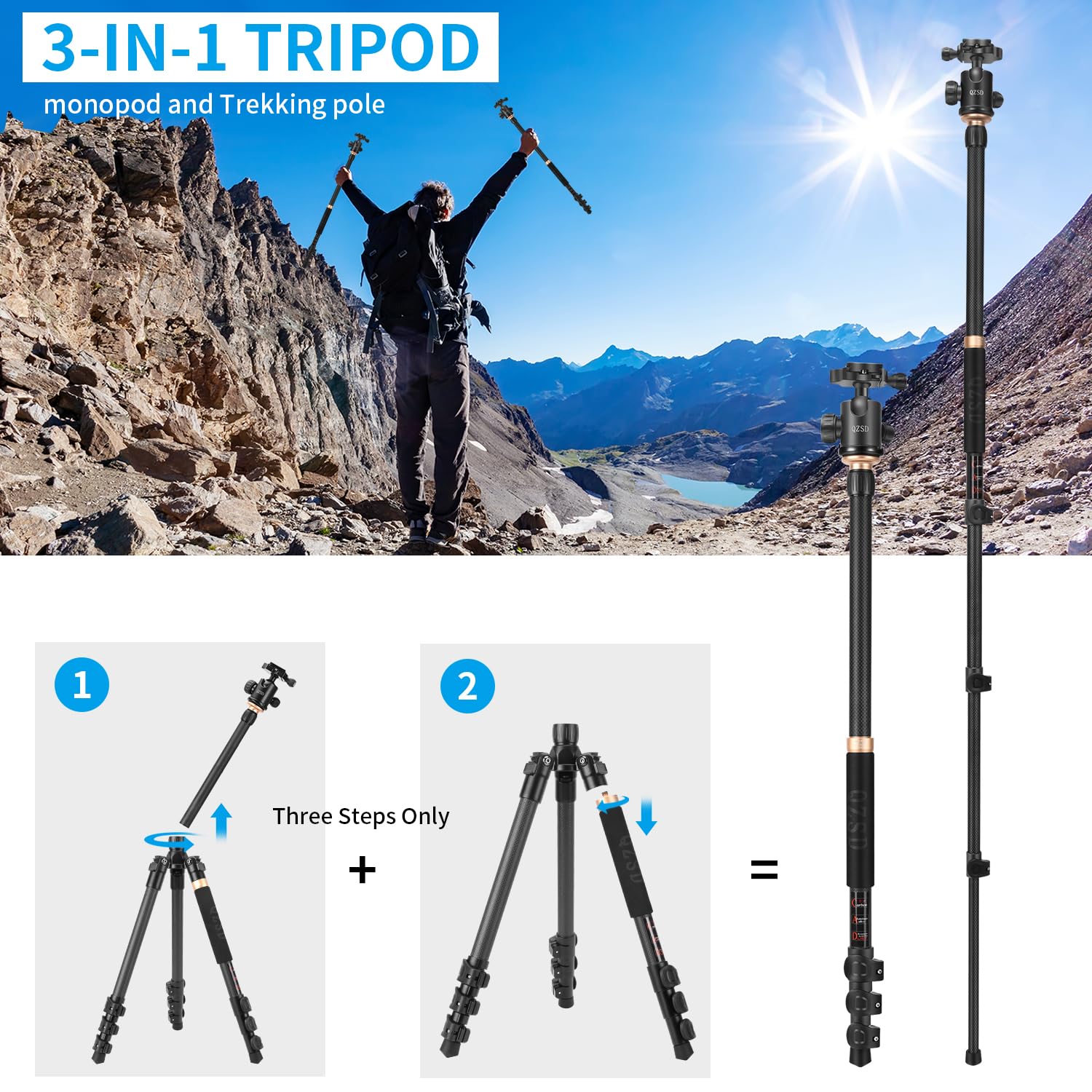 Carbon Fiber Lightweight Camera Tripod,Combination 66" Camera Tripod Stand,68" Monopod,with 360° Ball Head,2 QR Plates and Phone Holder,Heavy Duty for Cell Phone DSLR Canon Nikon, Max Load 26lbs