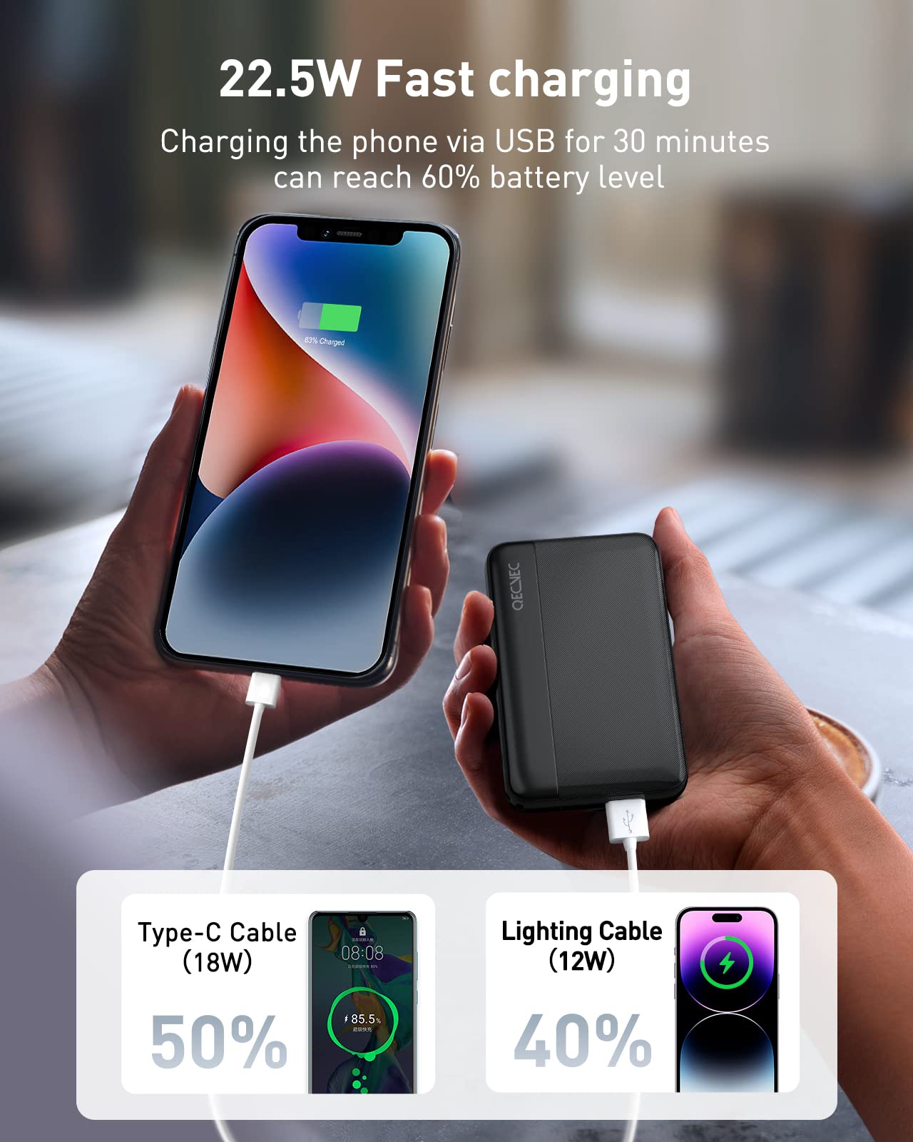 Qecvec Portable Charger with Built in Cords, Ultra-Compact 22.5W PD & QC 3.0 Fast Charging 10000mAh USB C Power Bank,Small LED Display Phone Battery Pack with Cable Compatible with iPhone,Samsung