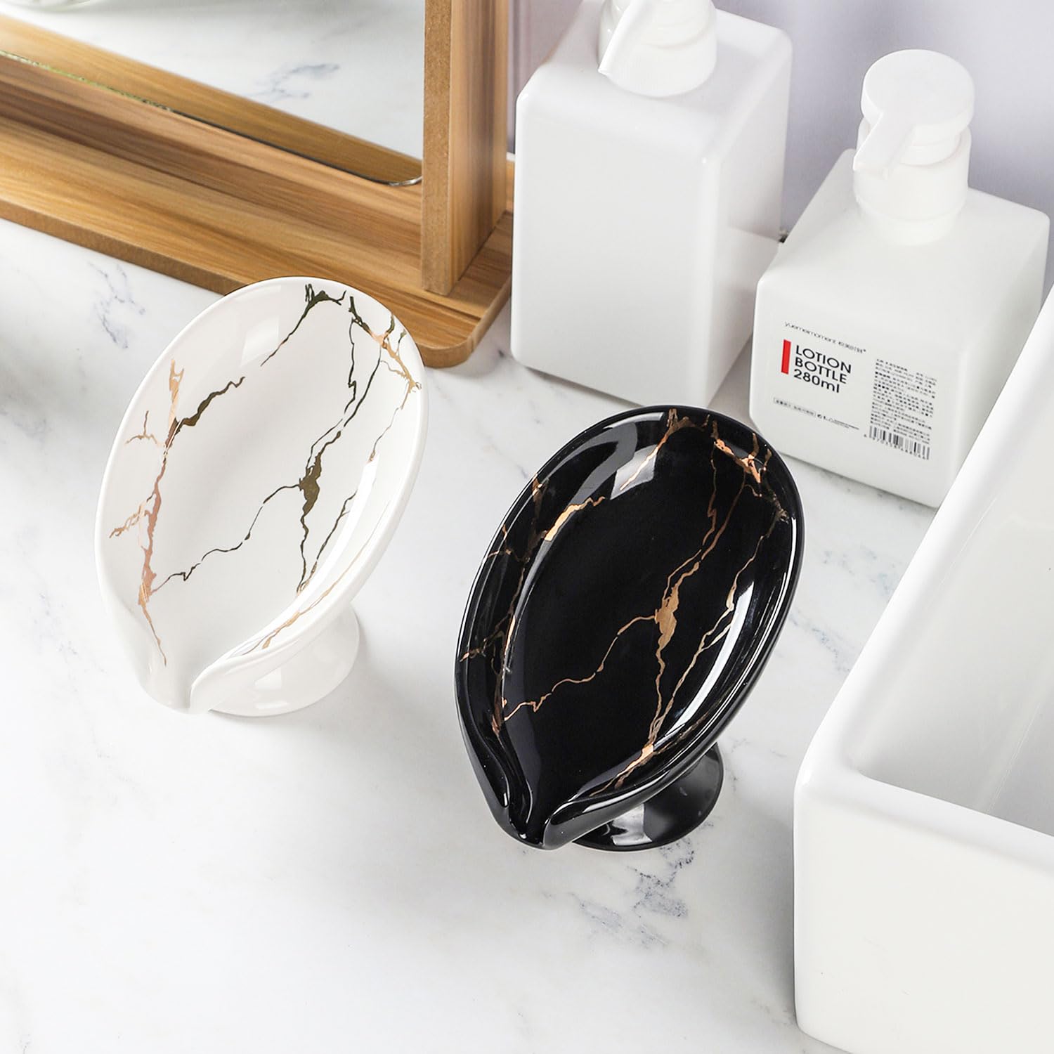 WHJY Ceramic Self Draining Soap Dish for Bar, Small Leaf Shaped Soap Dish, Black Marble Soap Dish for Bathroom Shower Soap Holder Tray for Kitchen