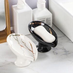 WHJY Ceramic Self Draining Soap Dish for Bar, Small Leaf Shaped Soap Dish, Black Marble Soap Dish for Bathroom Shower Soap Holder Tray for Kitchen