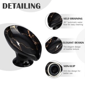 WHJY Ceramic Self Draining Soap Dish for Bar, Small Leaf Shaped Soap Dish, Black Marble Soap Dish for Bathroom Shower Soap Holder Tray for Kitchen