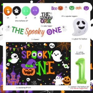 Halloween 1st Birthday Party Decorations The Spooky One Backdrop Banner Cake Topper Ghost Balloon for Boys or Girls First Birthday Party Supplies