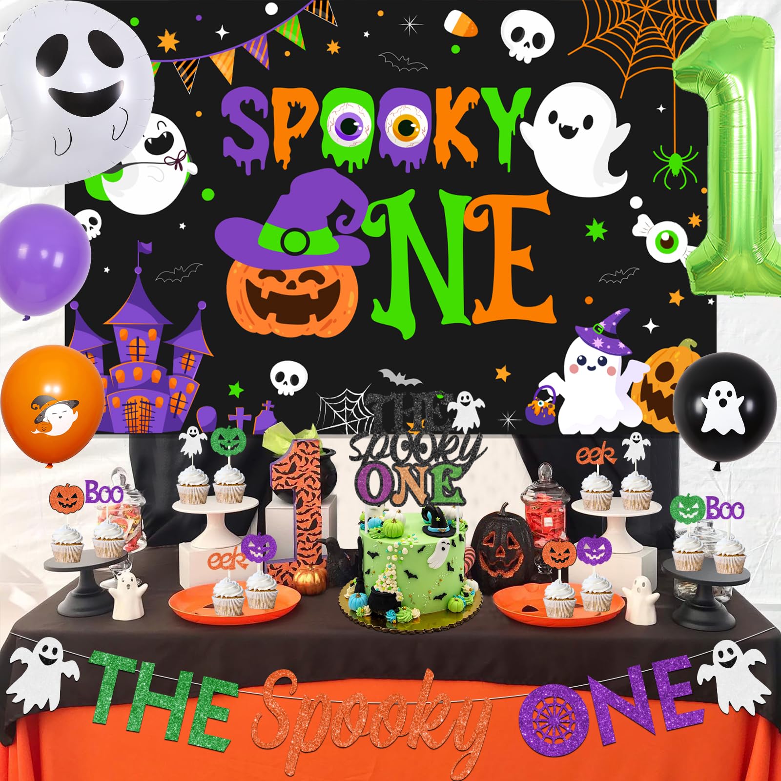 Halloween 1st Birthday Party Decorations The Spooky One Backdrop Banner Cake Topper Ghost Balloon for Boys or Girls First Birthday Party Supplies