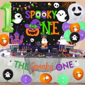 Halloween 1st Birthday Party Decorations The Spooky One Backdrop Banner Cake Topper Ghost Balloon for Boys or Girls First Birthday Party Supplies