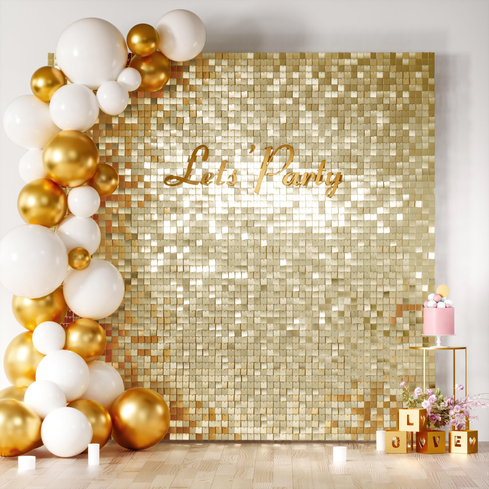 COKAOBE Light Gold Shimmer Wall Backdrop, 30 Pcs Square Sequin Shimmer Backdrop Panel, Sequin Backdrops for Birthday, Anniversary, Wedding, Graduation & Bachelorette Party Decoration