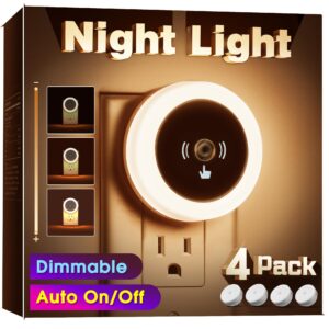 Briignite Dimmable Night Light, Plug into Wall [4Pack] with Light Sensors, Auto On/Off LED Night Light for Kids Room, Baby, Bathroom, Stair, Hallway, Warm White