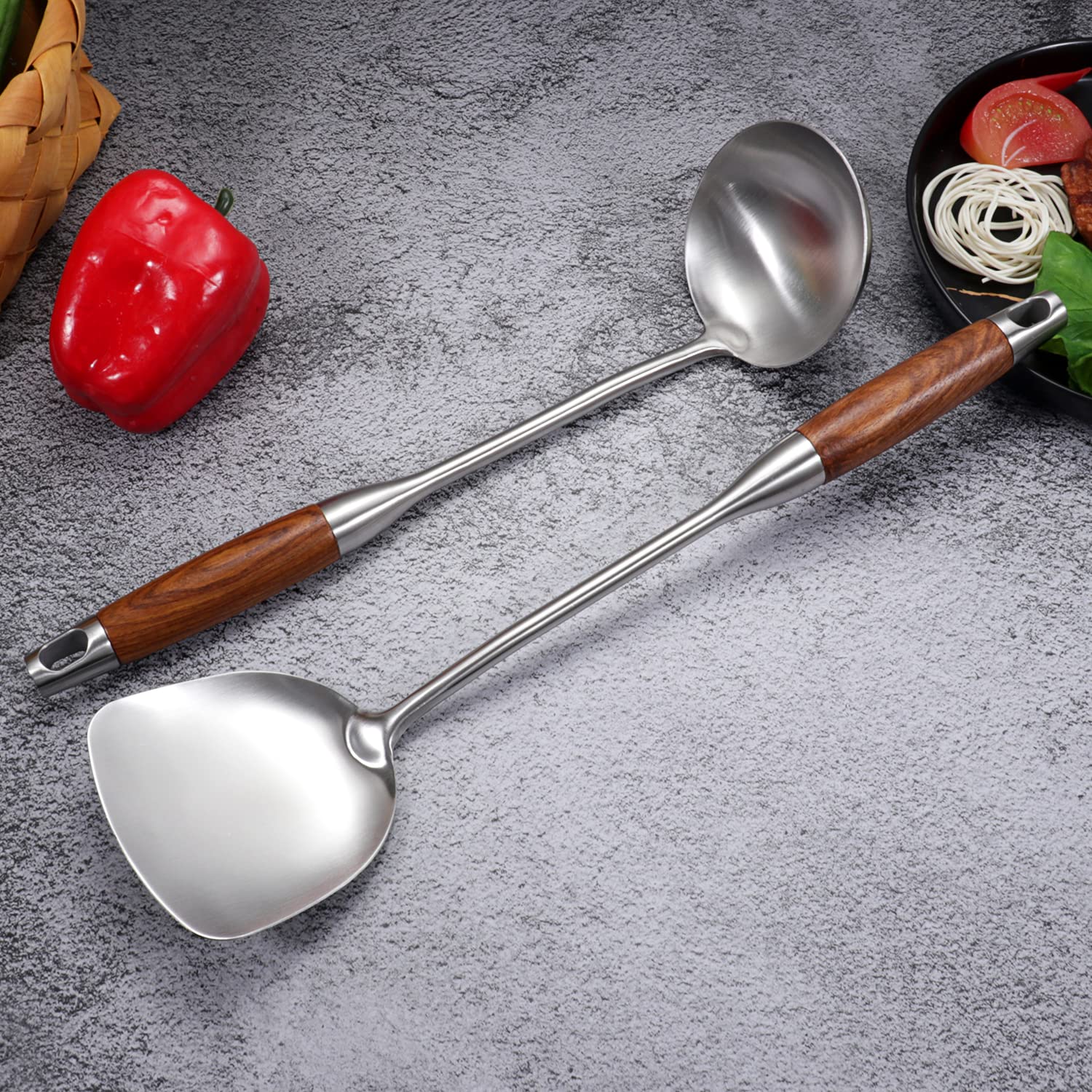 Wok Spatula & Ladle Tool Set, AOOSY 18/10 Stainless Steel Cooking Utensils, Wooden Handle Wok Utensils Soup Ladle 15 inches Set of 2