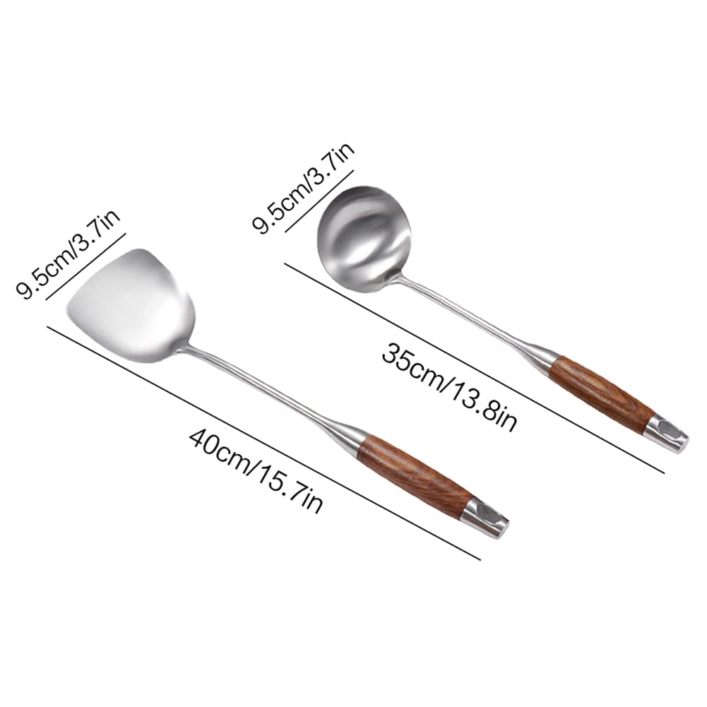 Wok Spatula & Ladle Tool Set, AOOSY 18/10 Stainless Steel Cooking Utensils, Wooden Handle Wok Utensils Soup Ladle 15 inches Set of 2