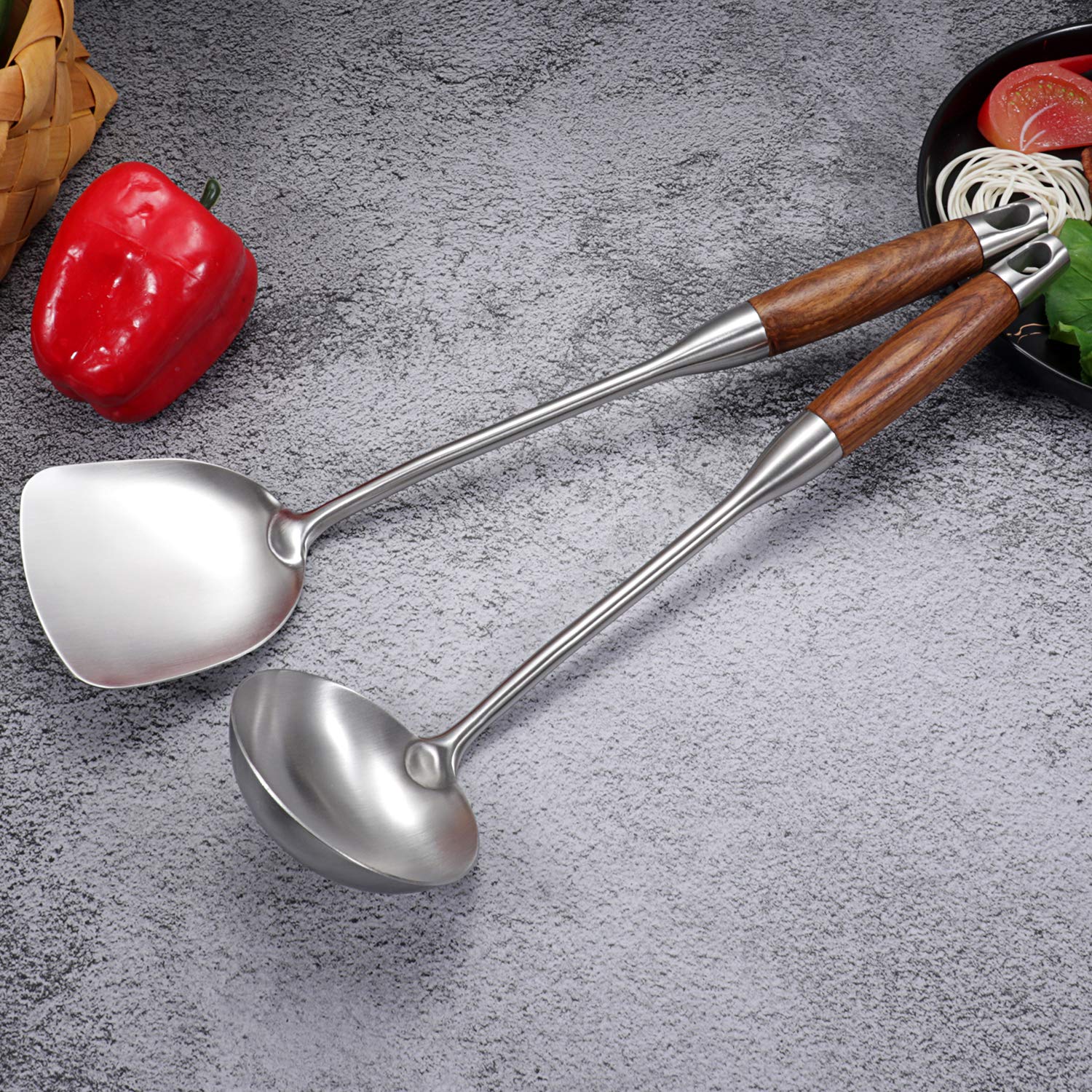 Wok Spatula & Ladle Tool Set, AOOSY 18/10 Stainless Steel Cooking Utensils, Wooden Handle Wok Utensils Soup Ladle 15 inches Set of 2