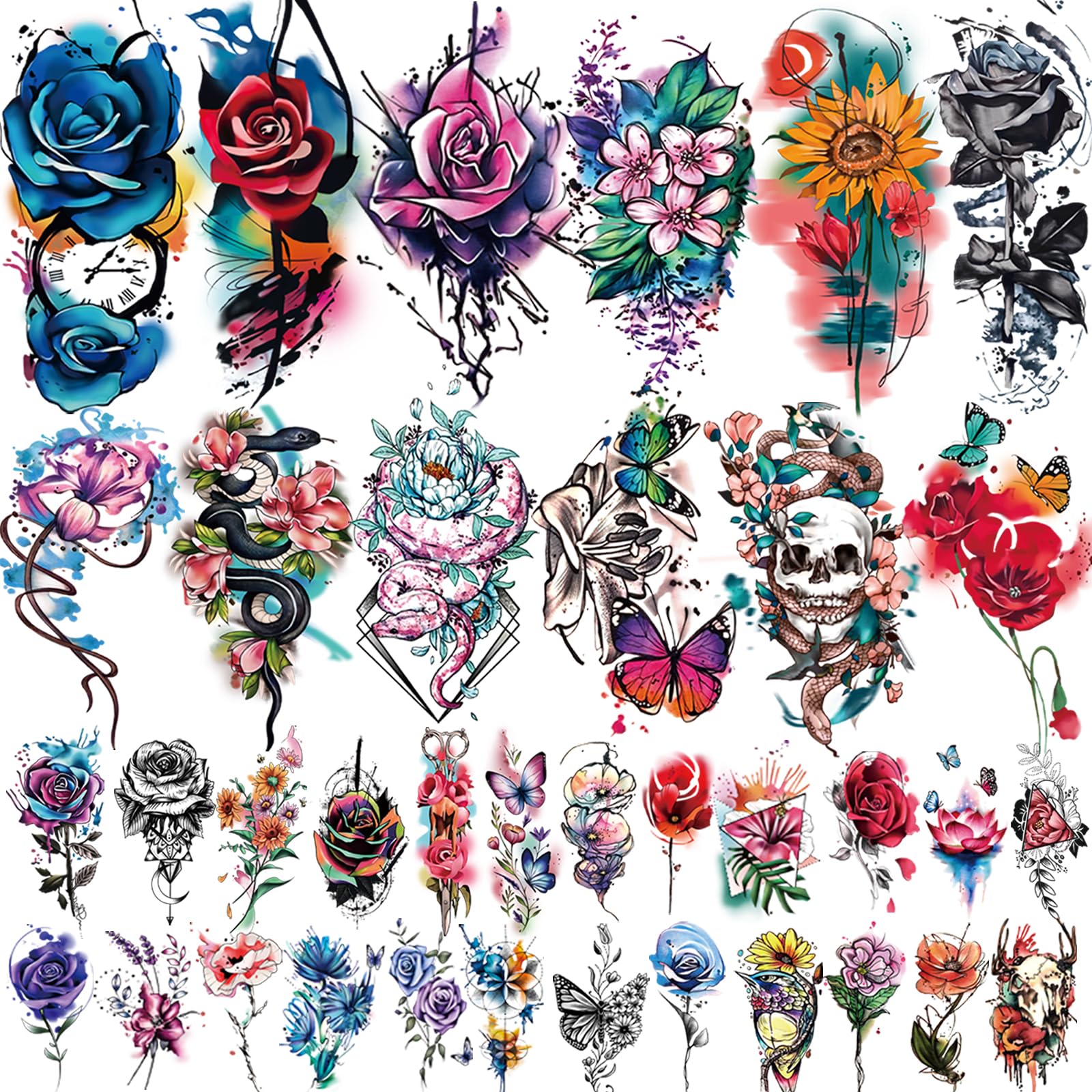 77 Sheets Flowers Temporary Tattoo, 17 Sheets Half Arm Rose Butterfly Snake Skull Fake Tattoos for Adults Arm Neck, 60 Sheets Tiny Realistic Temporary Tattoos Waterproof for Women Girls and Kids