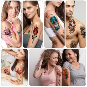 77 Sheets Flowers Temporary Tattoo, 17 Sheets Half Arm Rose Butterfly Snake Skull Fake Tattoos for Adults Arm Neck, 60 Sheets Tiny Realistic Temporary Tattoos Waterproof for Women Girls and Kids