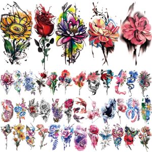 77 Sheets Flowers Temporary Tattoo, 17 Sheets Half Arm Rose Butterfly Snake Skull Fake Tattoos for Adults Arm Neck, 60 Sheets Tiny Realistic Temporary Tattoos Waterproof for Women Girls and Kids