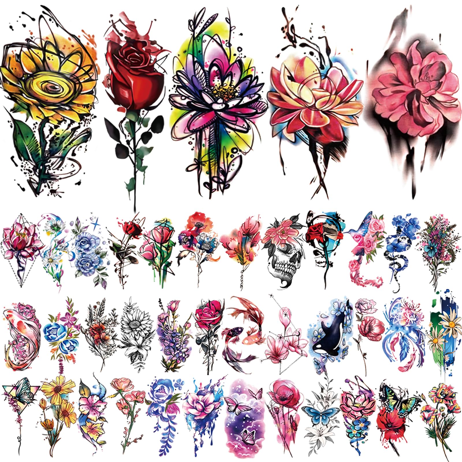 77 Sheets Flowers Temporary Tattoo, 17 Sheets Half Arm Rose Butterfly Snake Skull Fake Tattoos for Adults Arm Neck, 60 Sheets Tiny Realistic Temporary Tattoos Waterproof for Women Girls and Kids