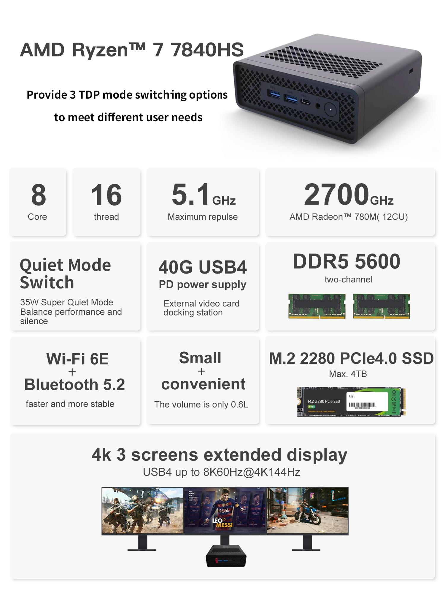 FEVM Mini Pc FN100 Mini Desktop Computer 12th Intel Alder Lake-N100(3.4GHz 18W TDP)4K@60Hz 3 Display, ALT Mode USB-C Port, Dual Nic(2.5G+1G), Windows 11 Pro, 8GB RAM+256GB NVME SSD, AX201 WIFI6, BT5.2