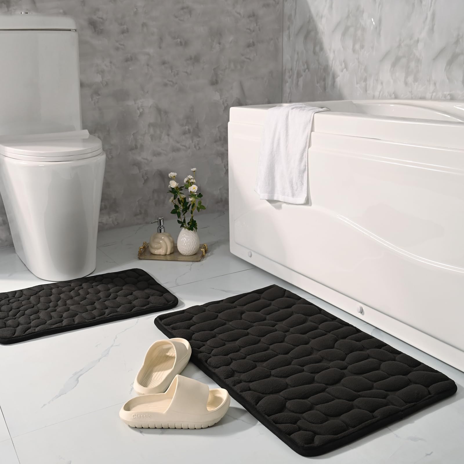 SHANNA Bathroom Rugs Sets 2 Piece, Cobblestone Memory Foam Bath Mats Set, Non Slip Bath Mats for Bathroom, Super Water Absorbent, Bath Rugs for Tub, Toilet and Floor (20"x32"+16"x24" Dark Blue)