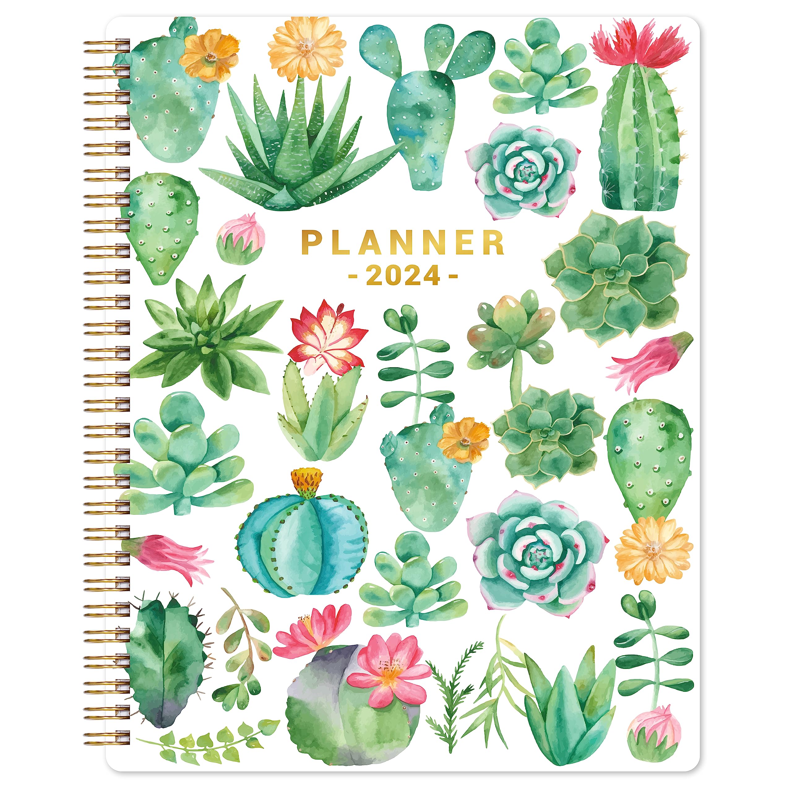 2024 Planner - Planner/Calendar 2024, Jan. 2024 - Dec. 2024, 2024 Planner Weekly and Monthly with Printed Tabs, 8" x 10", Flexible Cover with Back Pocket + Thick Paper + Twin-Wire Binding - Succulent