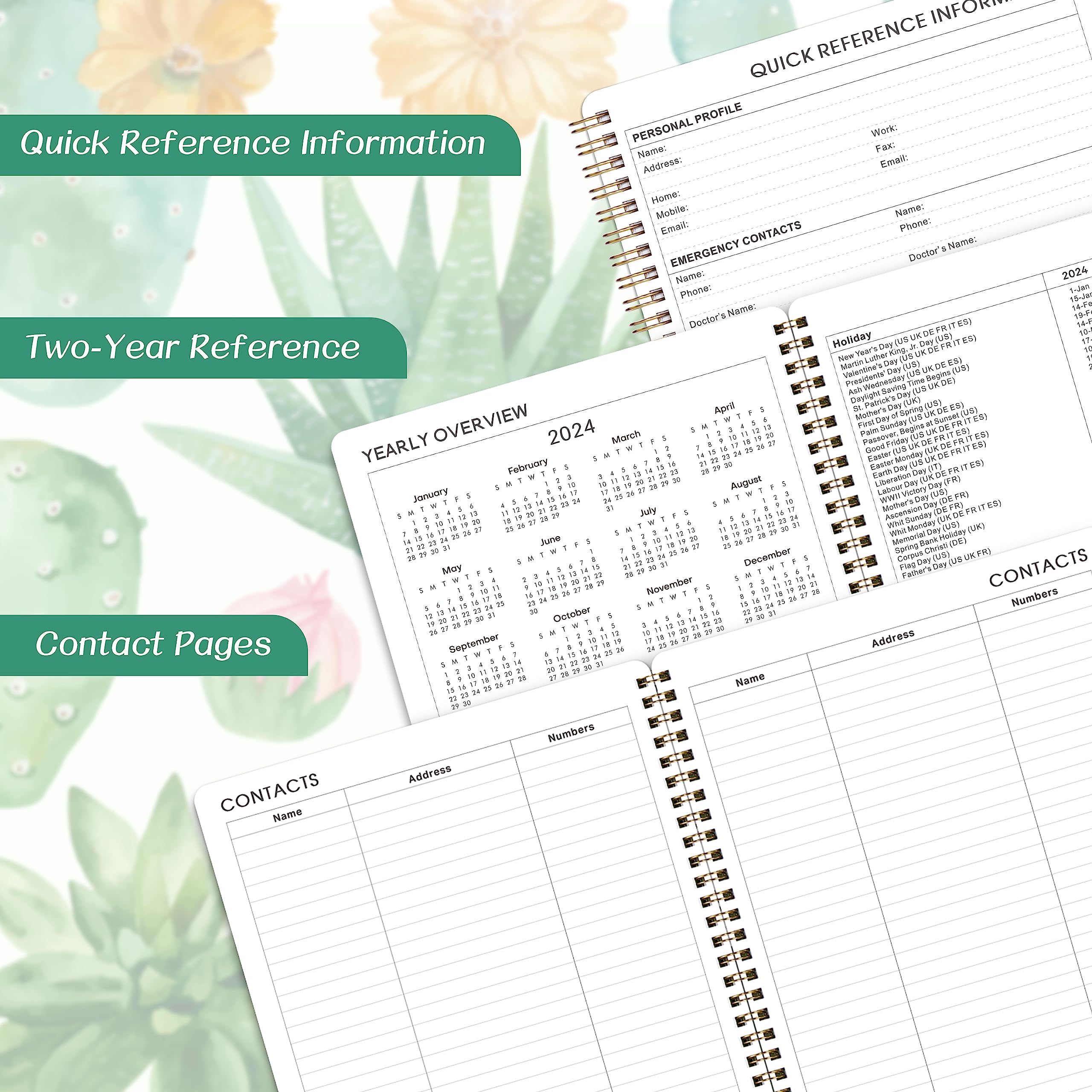 2024 Planner - Planner/Calendar 2024, Jan. 2024 - Dec. 2024, 2024 Planner Weekly and Monthly with Printed Tabs, 8" x 10", Flexible Cover with Back Pocket + Thick Paper + Twin-Wire Binding - Succulent