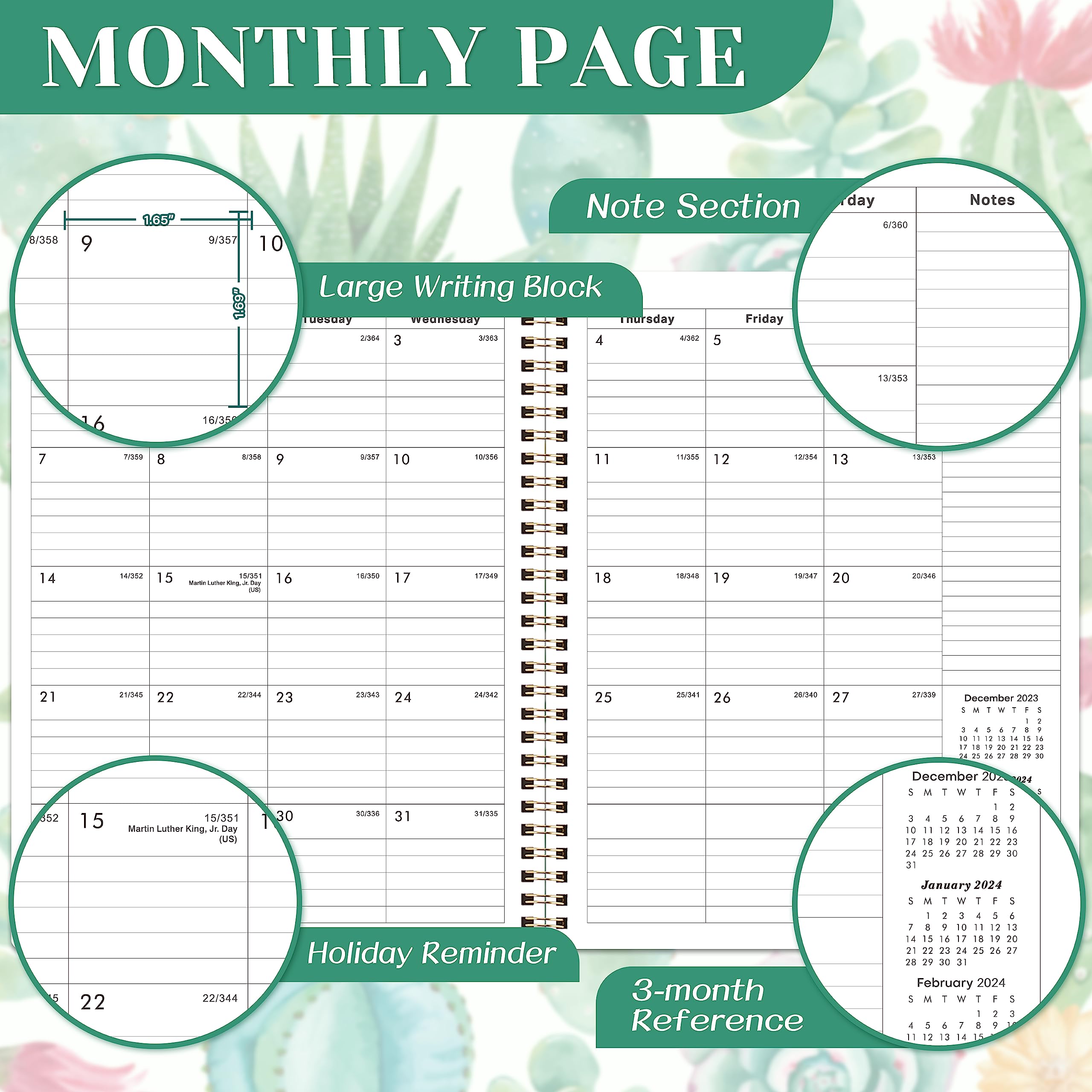 2024 Planner - Planner/Calendar 2024, Jan. 2024 - Dec. 2024, 2024 Planner Weekly and Monthly with Printed Tabs, 8" x 10", Flexible Cover with Back Pocket + Thick Paper + Twin-Wire Binding - Succulent