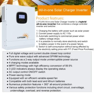 LVYUAN All-in-one Solar Hybrid Charger Inverter Built in 3000W 24V Pure Sine Wave Power Inverter and 60A MPPT Solar Controller for Off-Grid System