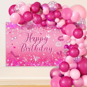 avezano hot pink birthday party decorations, red pink confetti foil balloons garland arch kit, 65pcs sweet pink glitter birthday party supplies, birthday photo backdrop banner for girl women (65 pcs)