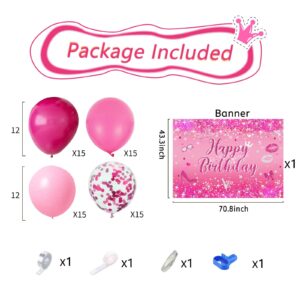 Avezano Hot Pink Birthday Party Decorations, Red Pink Confetti Foil Balloons Garland Arch Kit, 65Pcs Sweet Pink Glitter Birthday Party Supplies, Birthday Photo Backdrop Banner for Girl Women (65 Pcs)