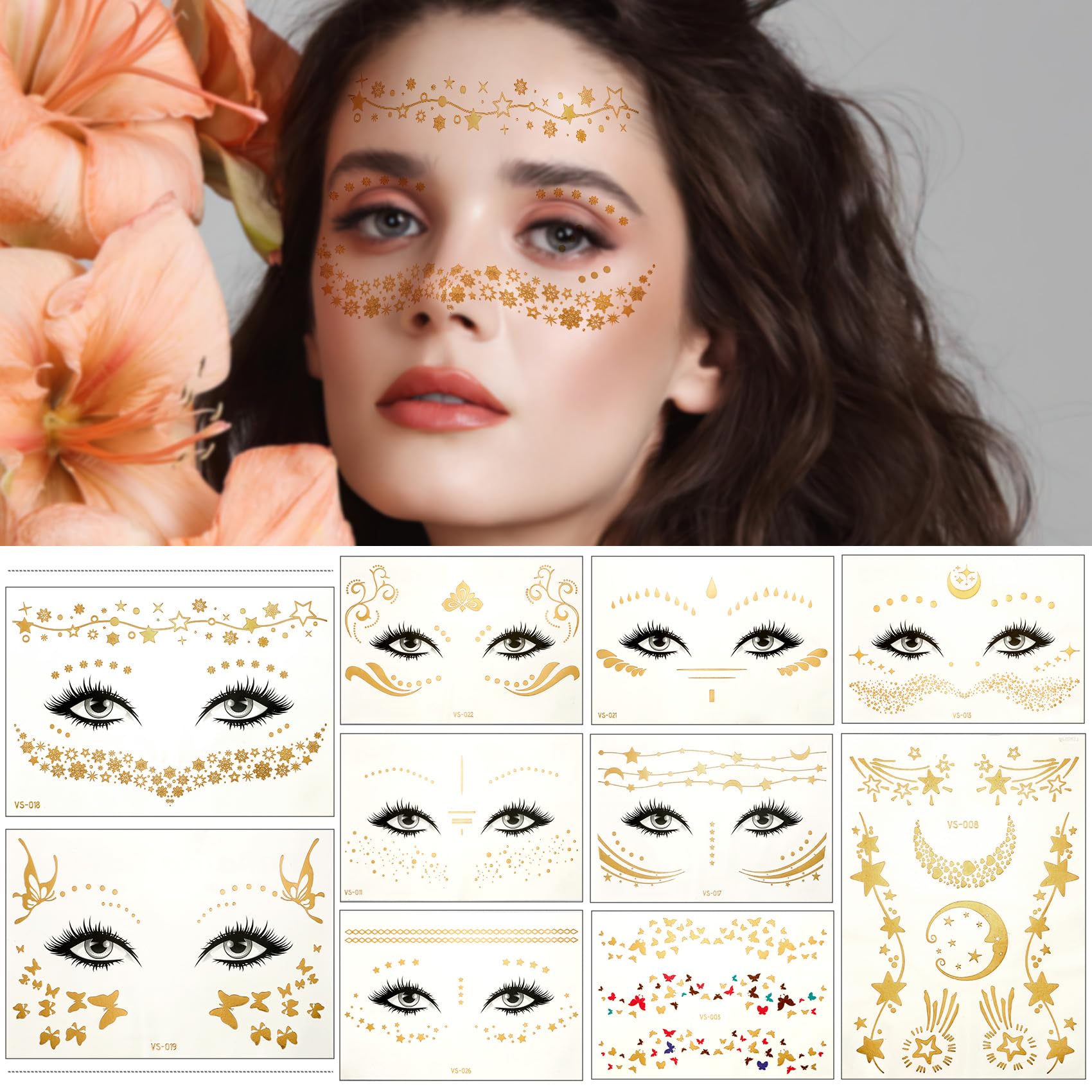 Temporary Tattoo Stickers 10 Sheets Face Metallic Gold Glitter Tattoo Temporary Freckle Face Sticker for Women Butterfly Tattoos Women Face Tattoos for Halloween Cosplay Makeup Homecoming Costume