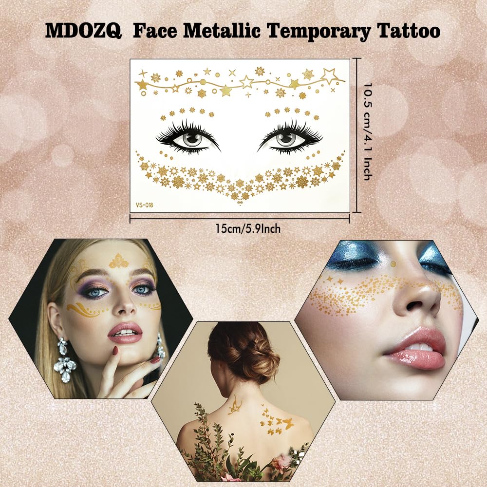 Temporary Tattoo Stickers 10 Sheets Face Metallic Gold Glitter Tattoo Temporary Freckle Face Sticker for Women Butterfly Tattoos Women Face Tattoos for Halloween Cosplay Makeup Homecoming Costume