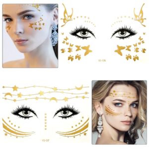 Temporary Tattoo Stickers 10 Sheets Face Metallic Gold Glitter Tattoo Temporary Freckle Face Sticker for Women Butterfly Tattoos Women Face Tattoos for Halloween Cosplay Makeup Homecoming Costume