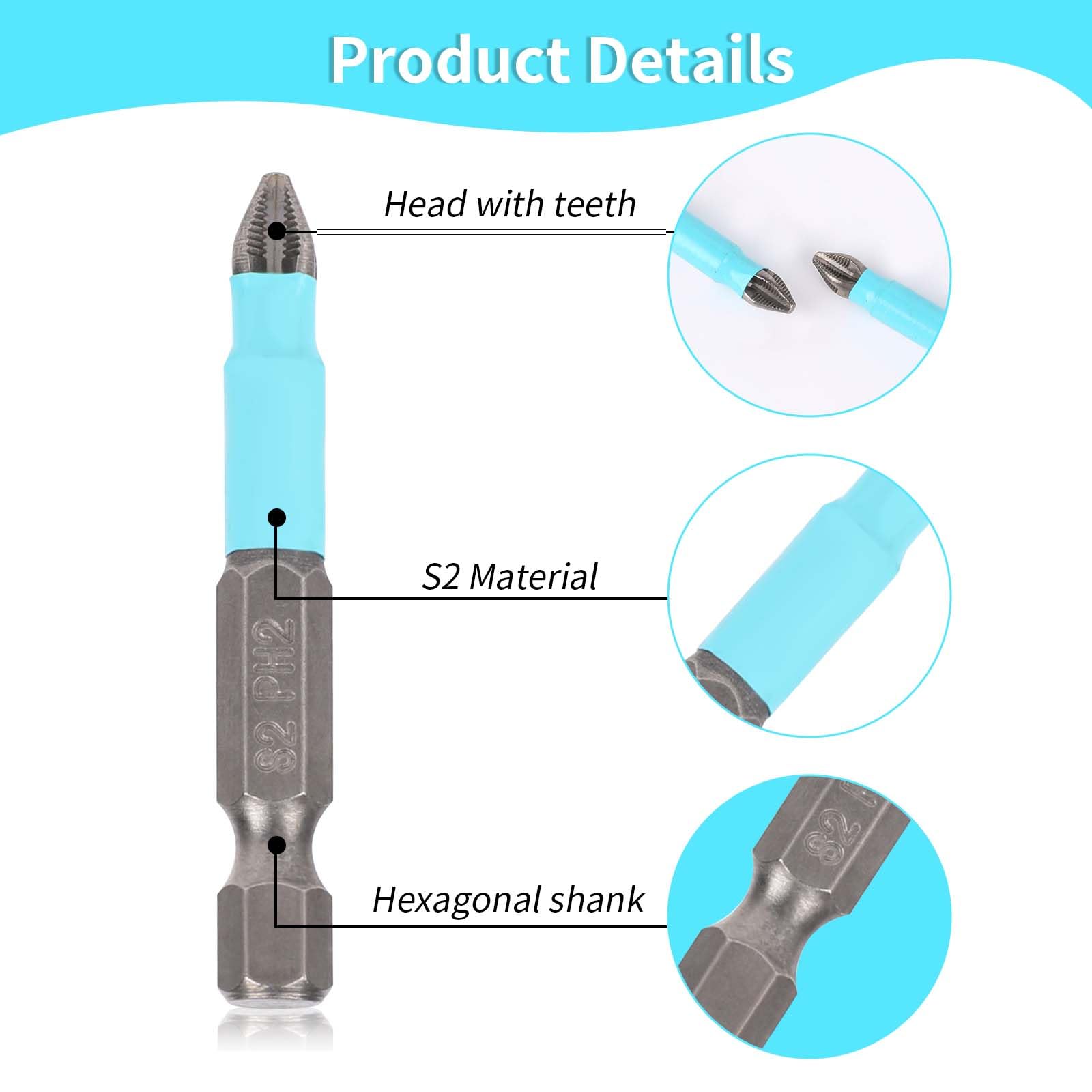 10 PCS Phillips Head Drill Bit Magnetic Phillips Screwdriver Bit Set Ph2 Phillips Bits Set Non-slip Cross Head Electric Screwdriver Bits Set, 1/4 Inch Hex Shank 2inch/50mm