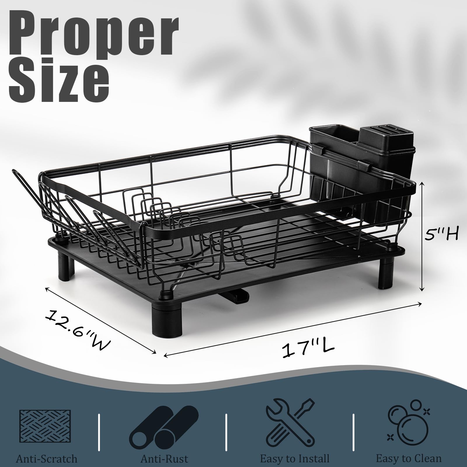 Lyellfe Dish Drying Rack, Rust-Proof Dish Drainer with Drainboard Utensil Cup Holder, Black Iron Dish Rack and Drainboard Set for Kitchen Counter, Over The Sink