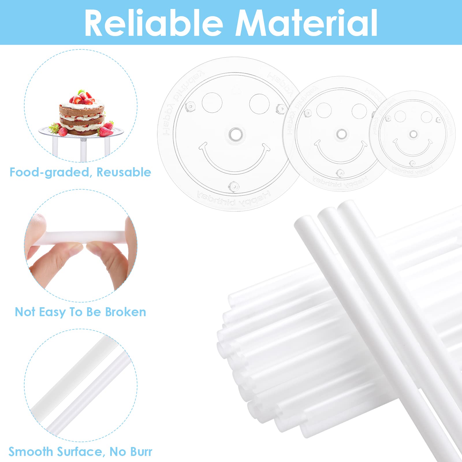 18 Pieces Cake Dowel Rods Set, 15 Pcs Cake Dowels Rods with 3 Pcs Cake Boards (6, 8,10 Inch) Cake Dowels for Tiered Cakes, Plastic Cake Support Rods for Wedding Cake Construction and Stacking