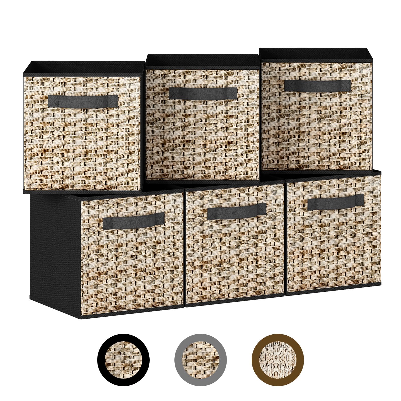 GILLAS 6 Pack Fabric Storage Cubes. 13 Inch Cube Storage Bins with Handle, Foldable Closet Organizers for Shelves, Storage Baskets for Shelves, Black, Large