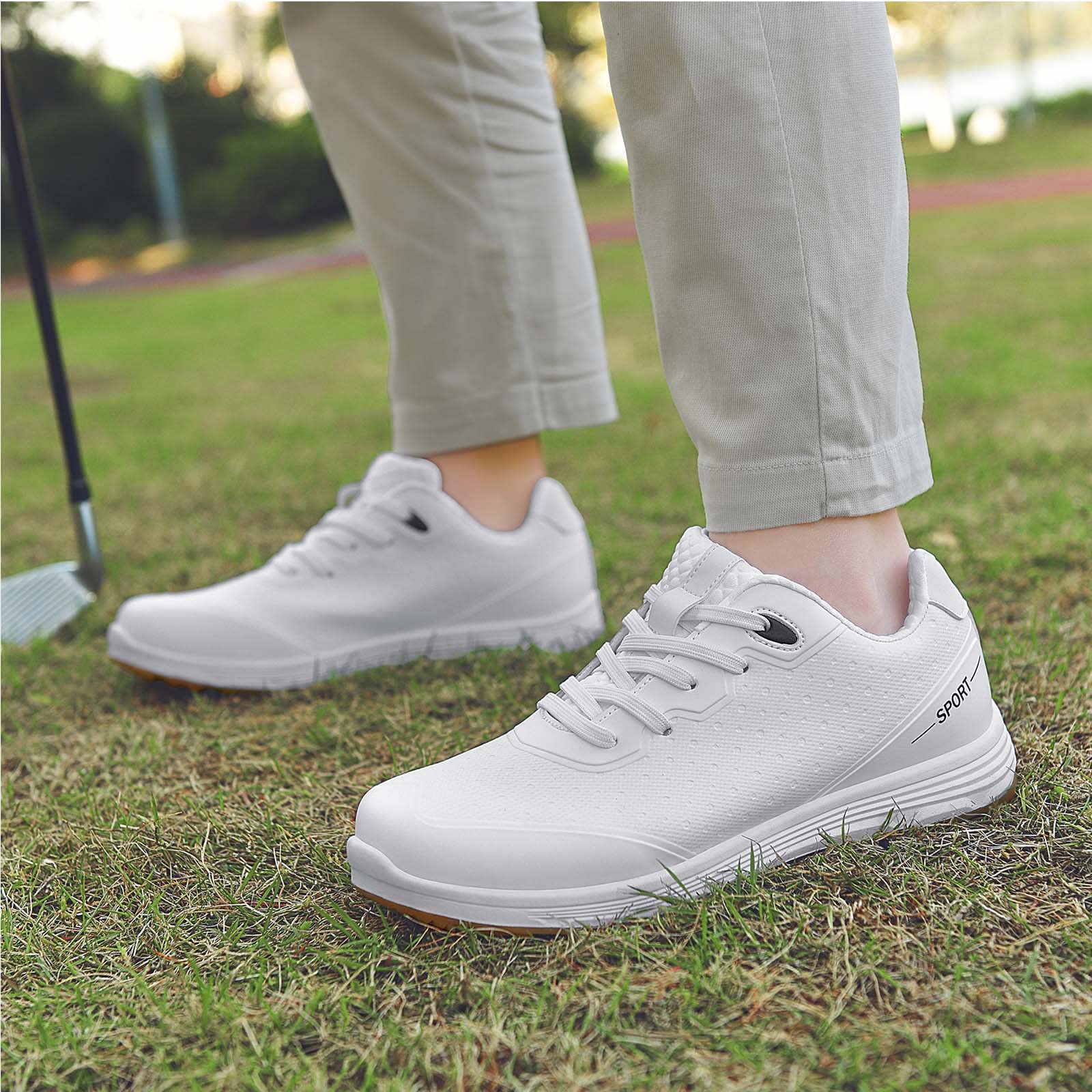 ONAIC Golf Shoes Womens Wide Fitting Casual Waterproof Sneakers Breathable Spikeless Trainers Big Size,White,8