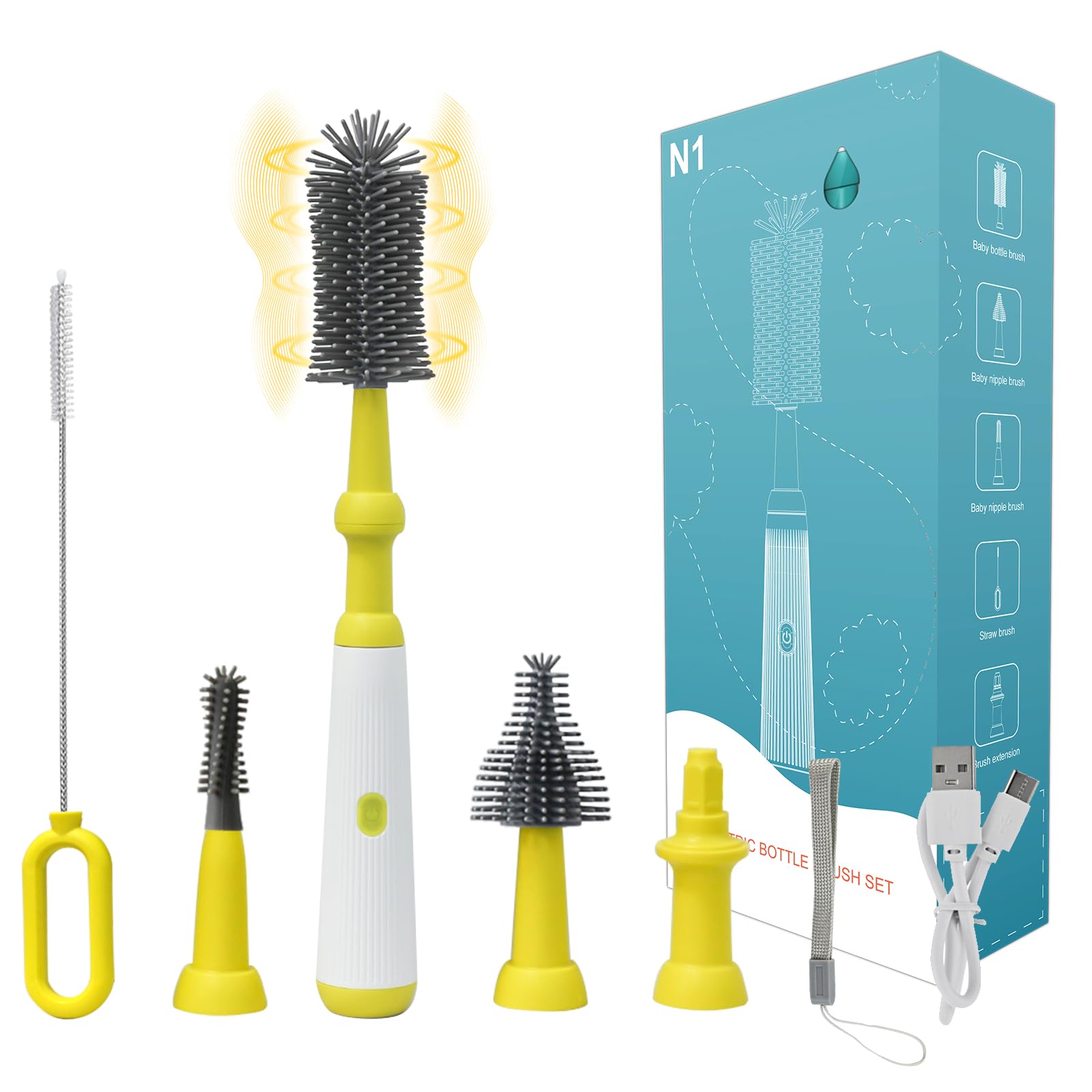 Augensterm Electric Bottle Brush Set with Electric Bottle Brush Cleaner, 3 Replaceable Baby Bottle Brushes and Extension handle. Silicone bottle brush, Waterproof, Perfect Baby Essentials(Lemon Yellow