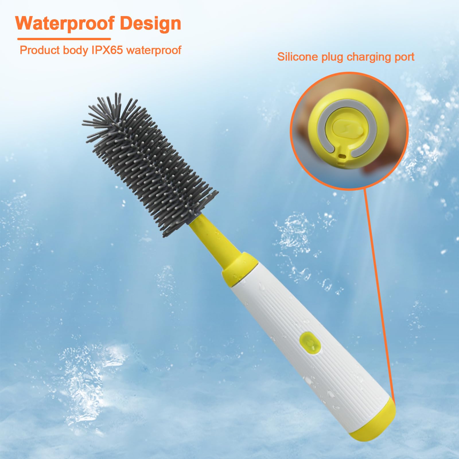 Augensterm Electric Bottle Brush Set with Electric Bottle Brush Cleaner, 3 Replaceable Baby Bottle Brushes and Extension handle. Silicone bottle brush, Waterproof, Perfect Baby Essentials(Lemon Yellow